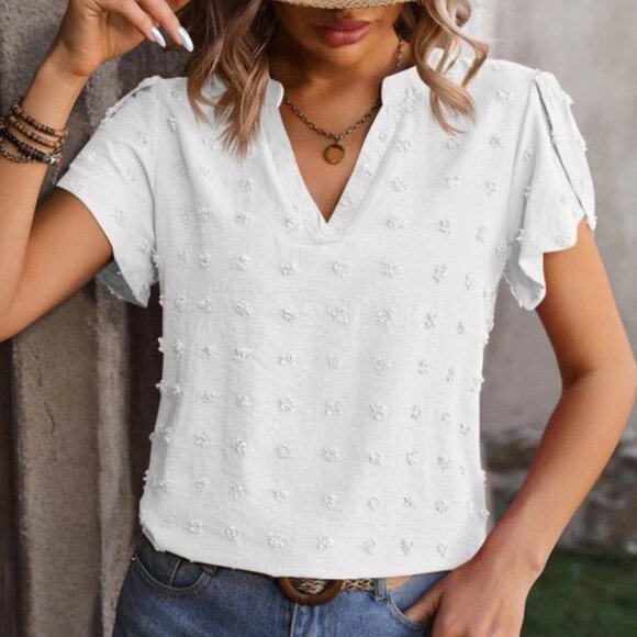 LOVESOFT | Tops | Vneck Chiffon Swiss Dot Top With Petal Sleeves Shirt ...